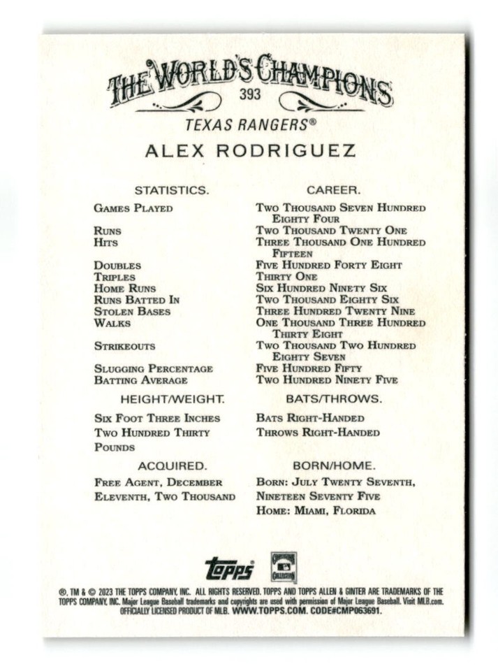 2023 Topps Allen & Ginter Alex Rodriguez #393 SP Short Print Texas ...