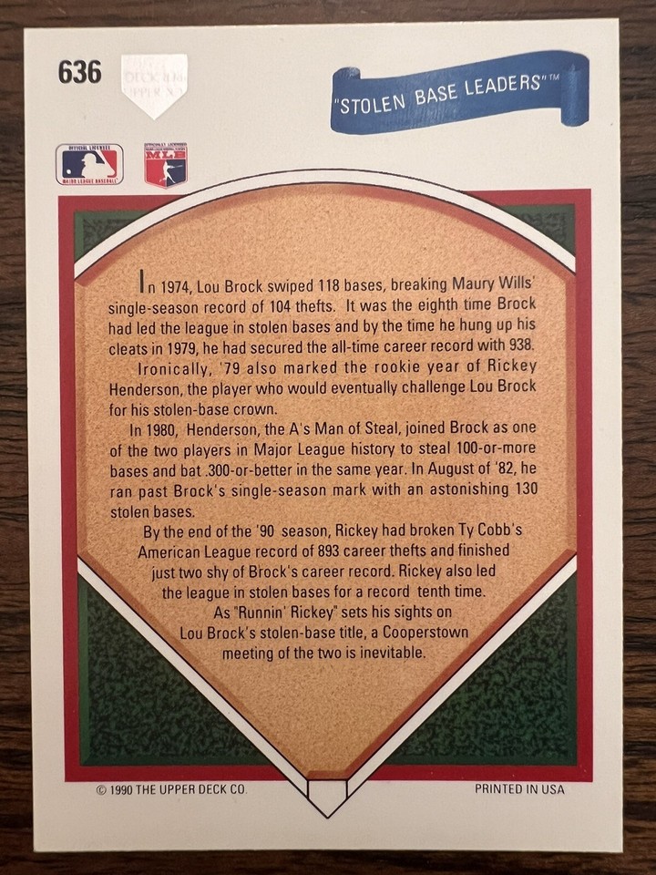 1990 Upper Deck Stolen Base Leaders Rickey Henderson/Lou Brock #636 | eBay