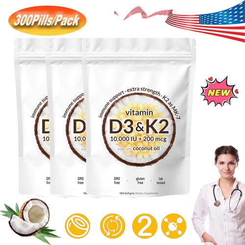 Vitamin D3 10000 iu Plus K2 (MK-7) 200 mcg 300 Virgin Coconut Oil ...
