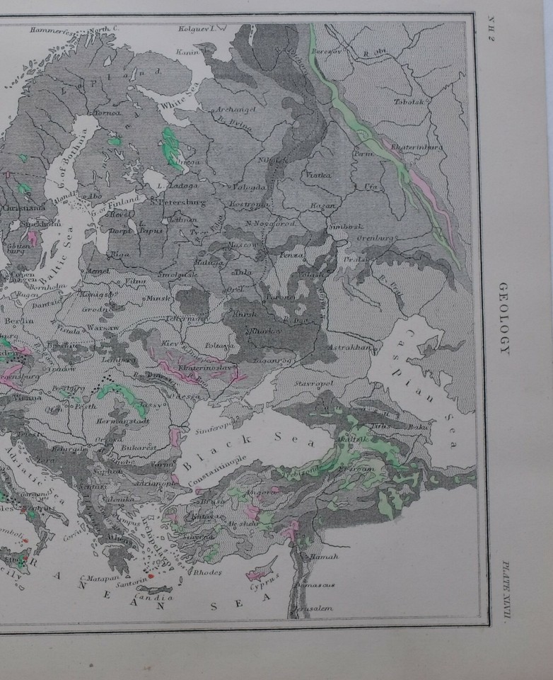 1877 PRINT EUROPE MAP PRINCIPAL GEOLOGICAL FEATRES GRANITE VOLCANIC ...