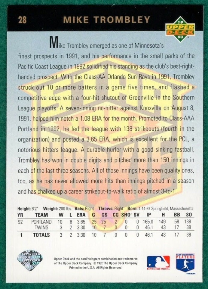 Mike Trombley - 1993 Upper Deck #28 - Minnesota Twins Baseball Card ...