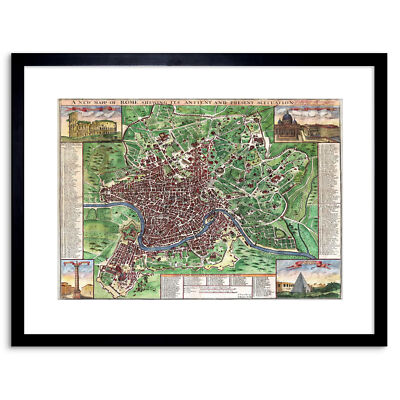 Map Antique City Plan Rome Italy John Senex Framed Print 9x7 Inch ...