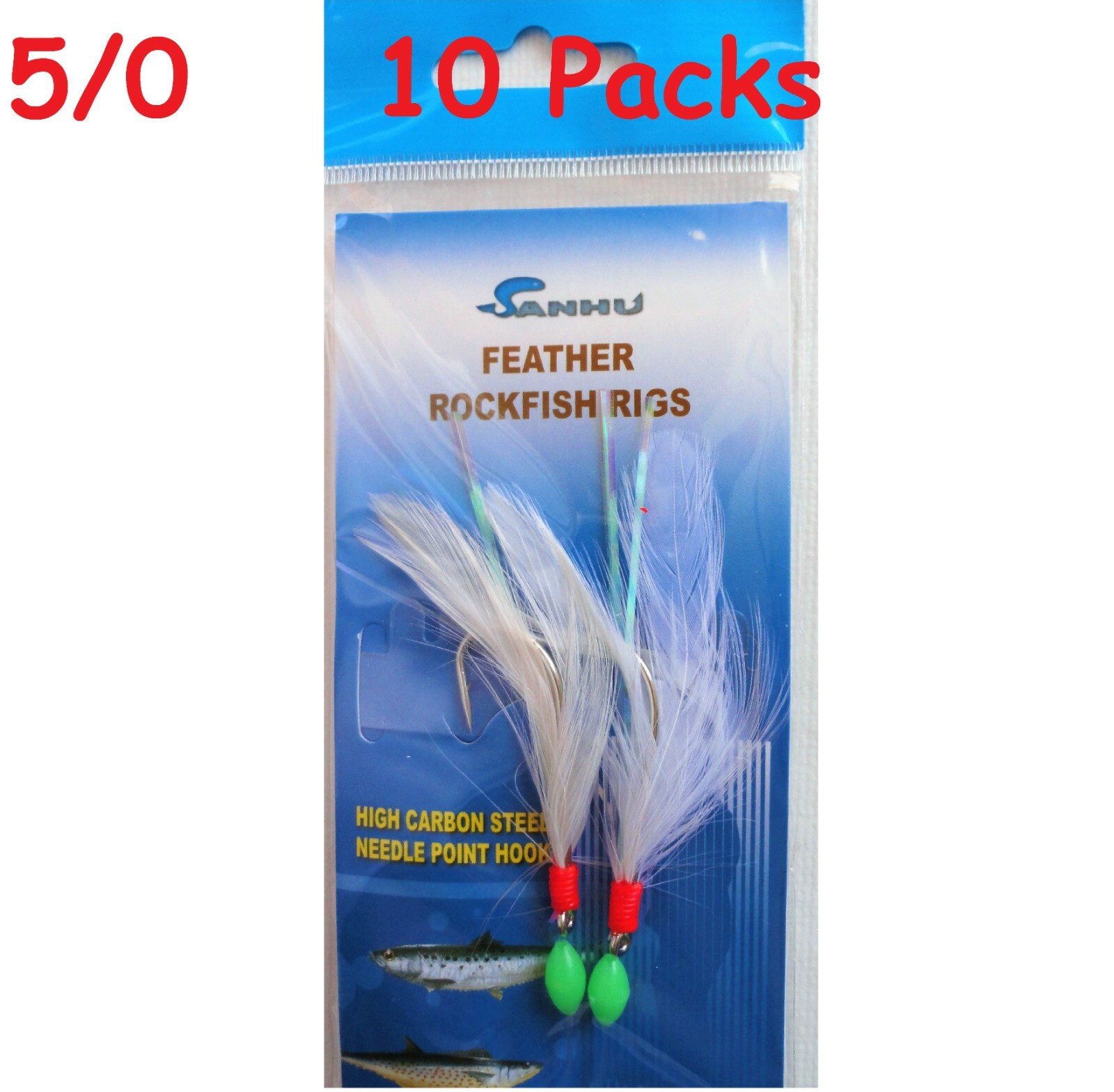 10 Packs 5/0 Rock Cod Feather Rigs 2 Hooks White Feather Rockfish Baits ...