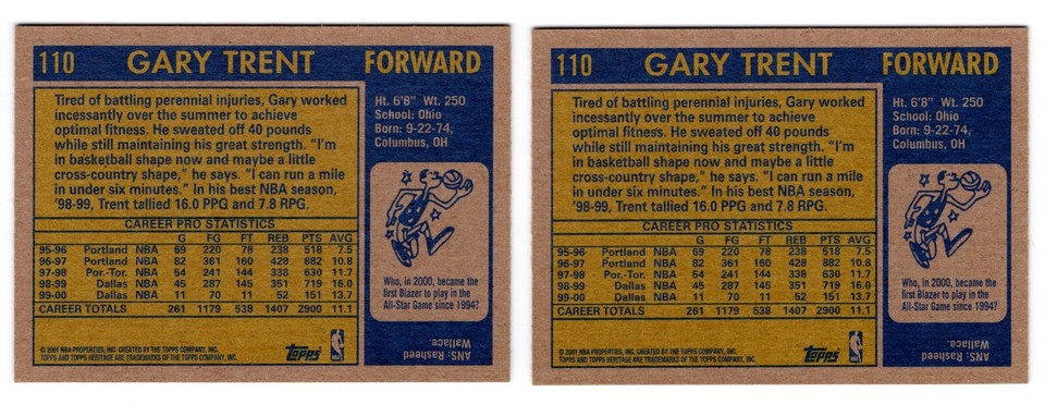 (2) 2000-01 TOPPS HERITAGE GARY TRENT CARD #110 LOT **NM-MT** DALLAS ...