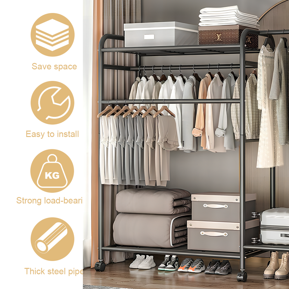 Heavy Duty Double Clothes Rail Rack Garment Hanging Stand Open Wardrobe ...