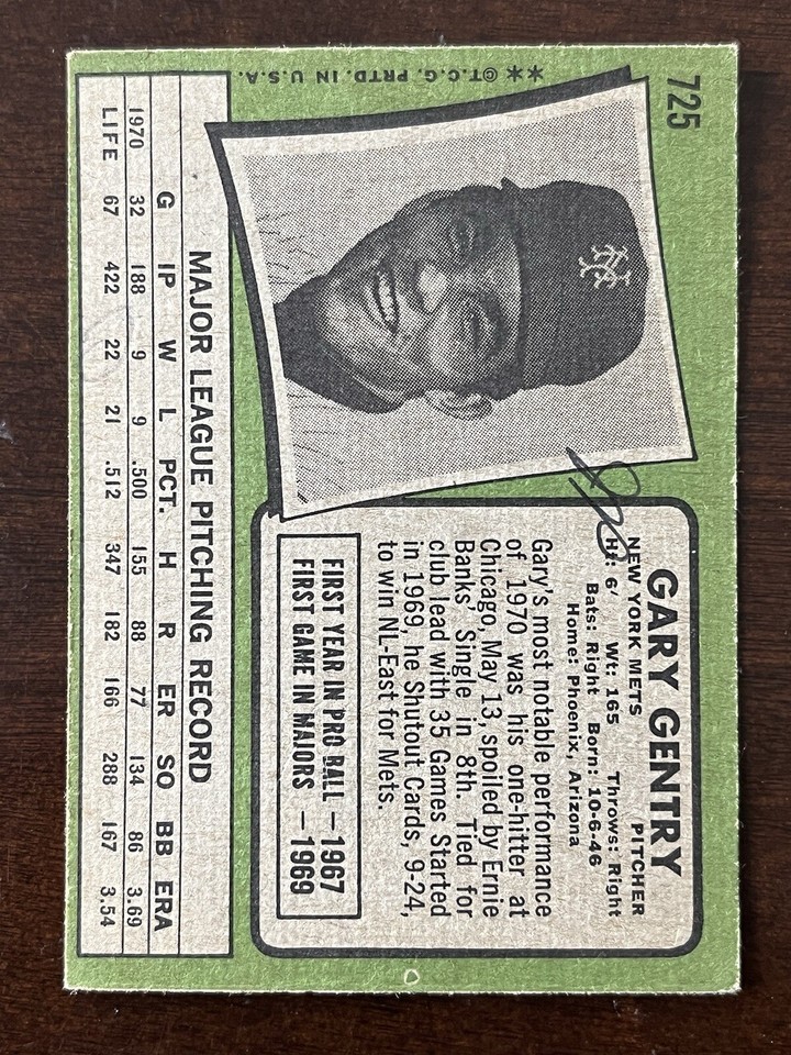 1971 Topps Baseball Card Gary Gentry #725 SP (initials on back) | eBay