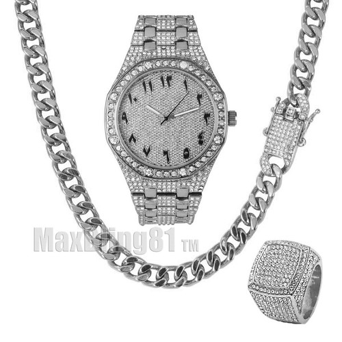 SIMULATED DIAMOND ARABIC BLING WATCH & ICED BOX LOCK CUBAN CHAIN ...