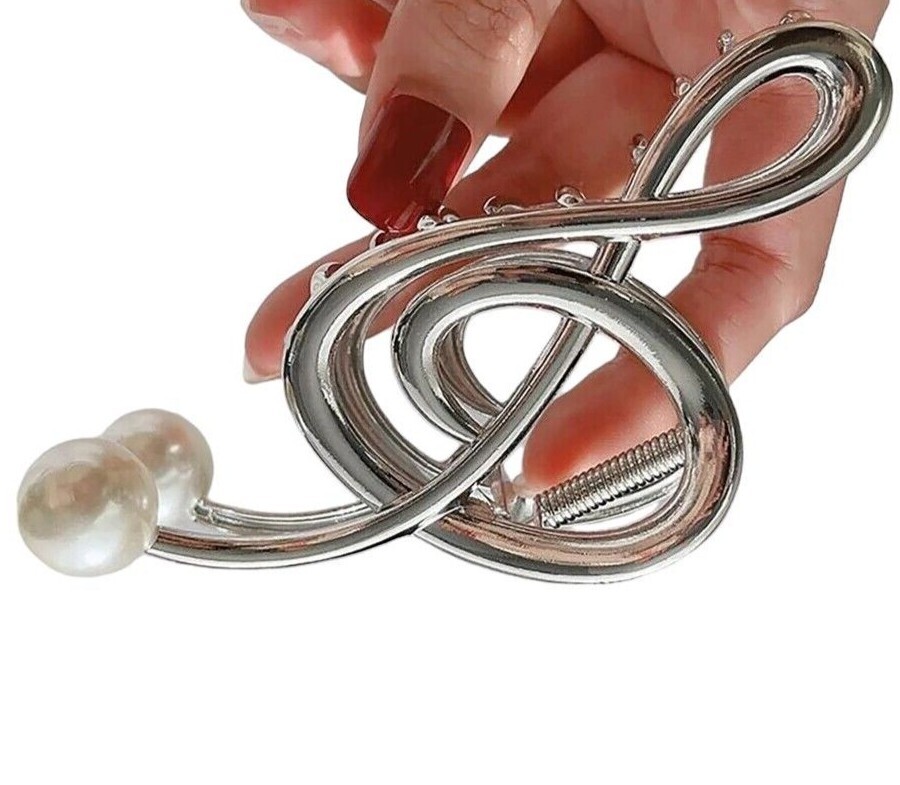 NEW Treble Music Note Hair Claw Hair Clip Metal Silver Tone Faux Pearls ...