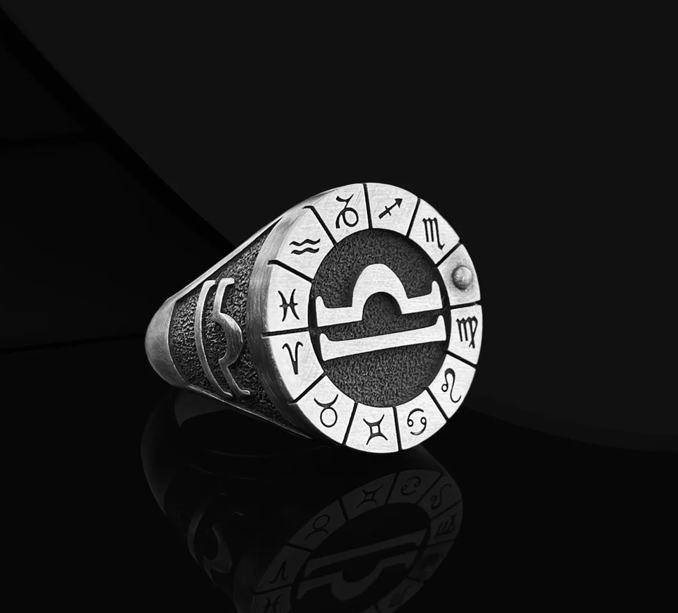 Libra Zodiac 925 Sterling Silver Handcrafted Oxidized Signet Ring Duty ...