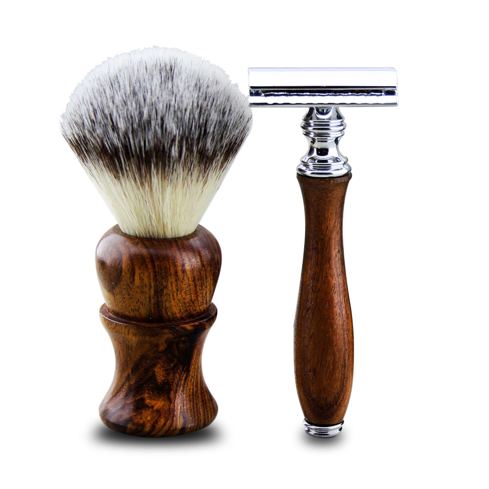2X Traditional Men's Shaving Set Synthetic Brush & Wooden Handle Safety ...
