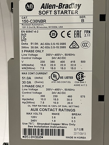 BRAND NEW Allen Bradley 150-C30NBR SMC-3 30A Smart Motor Controller ...