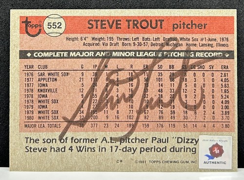 Steve Trout 1981 Topps ON-CARD AUTO Buyback HA Retrograph White Sox ...