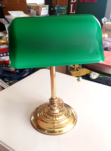 Vintage Brass Bankers Desk Lamp Green Glass Shade Pull Chain Works | eBay