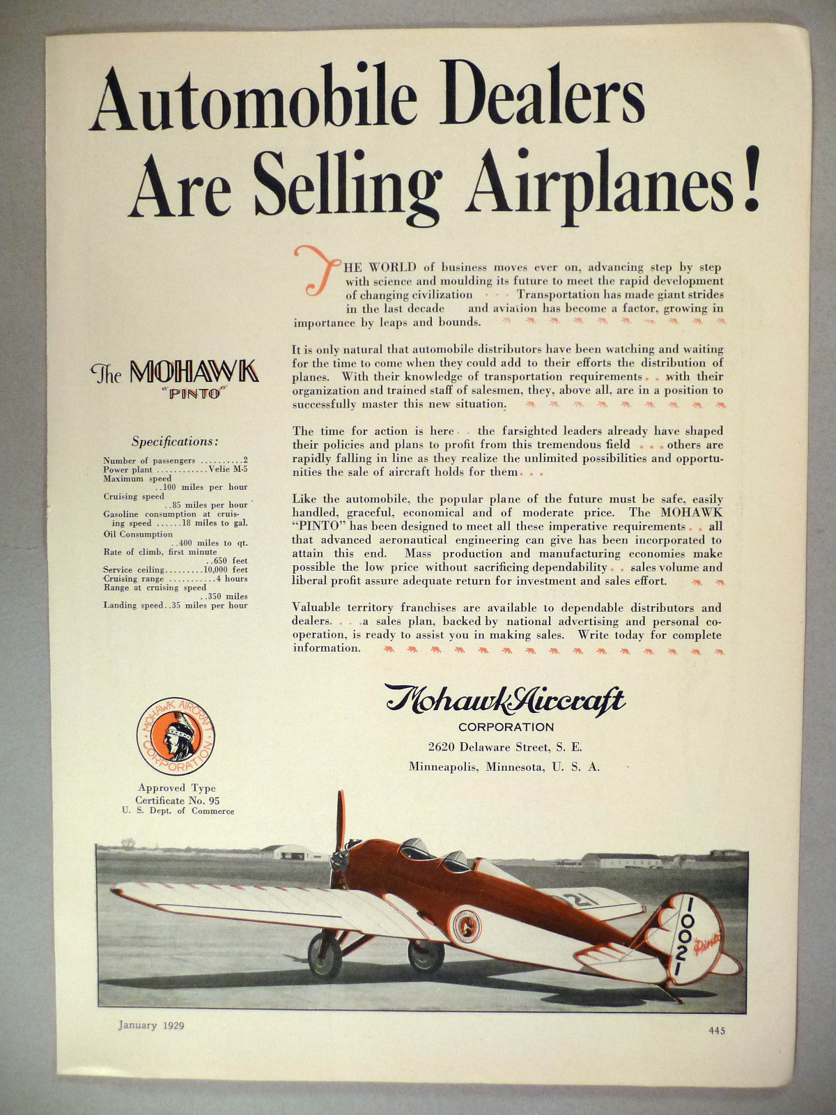 Mohawk Aircraft Co. PRINT AD - 1929 ~~ Pinto Airplane | eBay