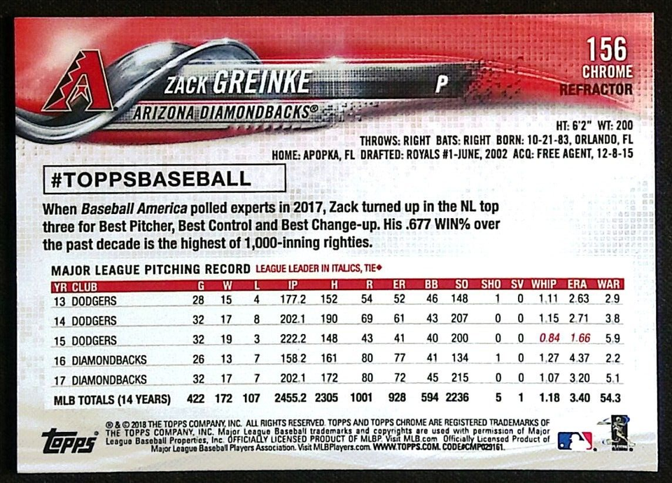 2018 Topps Chrome #156 Refractor - Zack Greinke - Diamondbacks | eBay