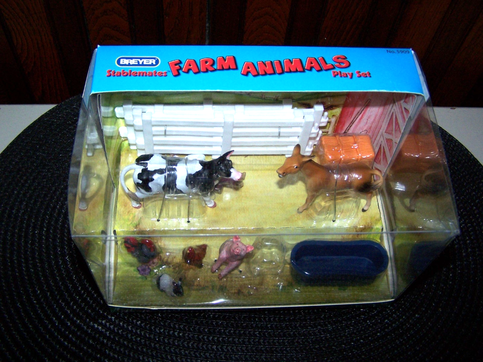 BREYER #5909 STABLEMATE FARM ANIMALS SET ~ MULE COW BUNNY ROOSTER HEN ...