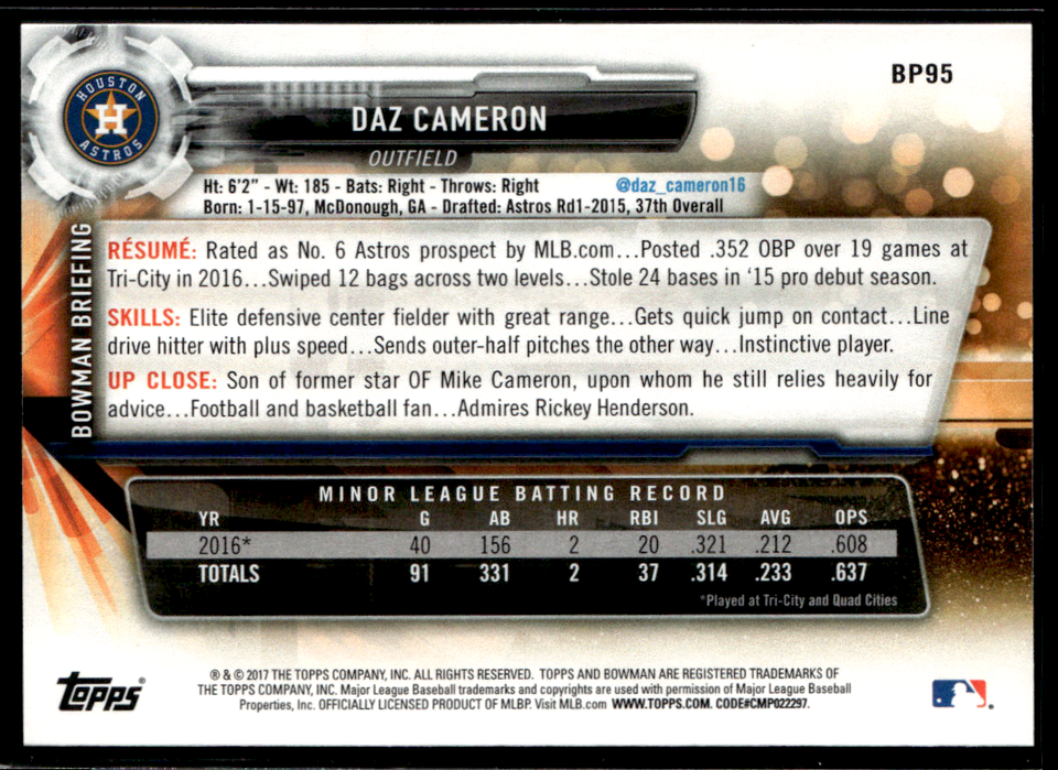 2017 Bowman #BP95 Daz Cameron Astros Prospect | eBay