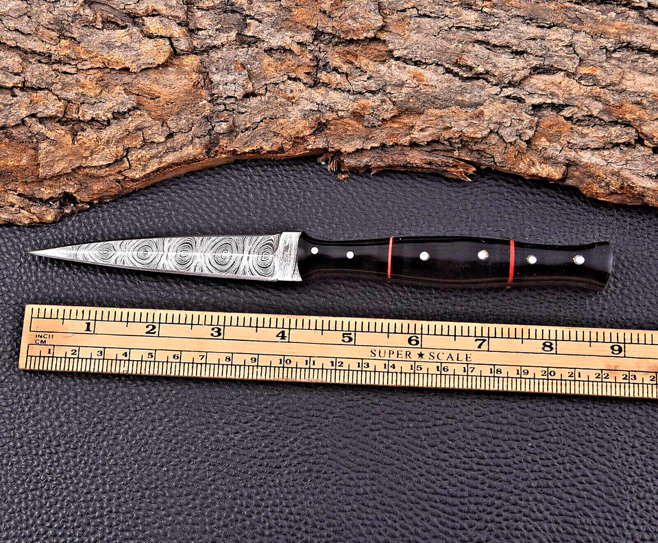 CUSTOM MADE FORGED DAMASCUS STEEL BOOT HUNTING KNIFE W LEATHER SHEATH ...