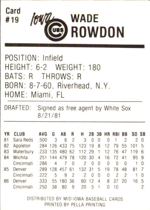 1987 Iowa Cubs Team Issue #19 Wade Rowdon Riverhead New York Miami ...