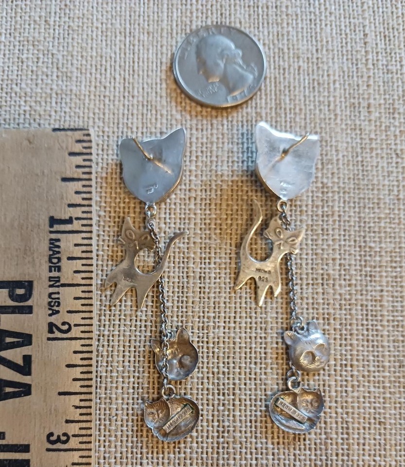 Vintage MEOW Sterling Silver Cat n Kittens Long Post Earrings! | eBay