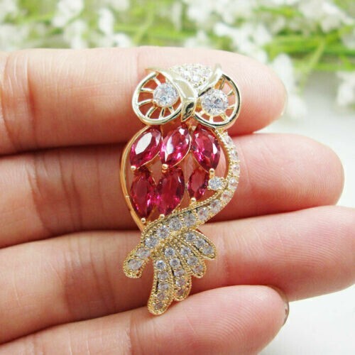 3 Ct Marquise Cut Simulated Red Ruby Owl Shape Brooch Pin 14K Yellow ...