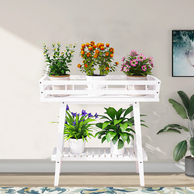 Large 2 Layer Wood Plant Stand Raised Flower Pot Rack Console Table ...