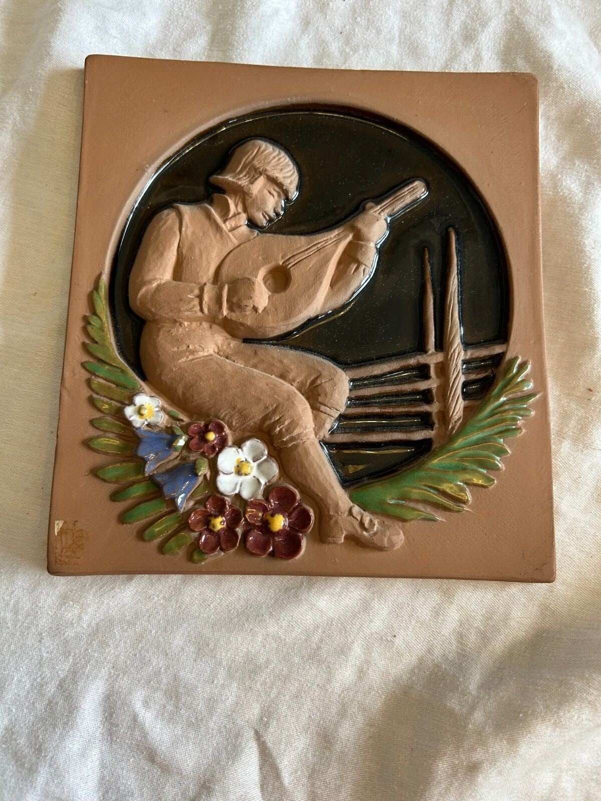 Aimoi Designed Swedish Pottery Plaque of Man w/ Instrument Marked ...