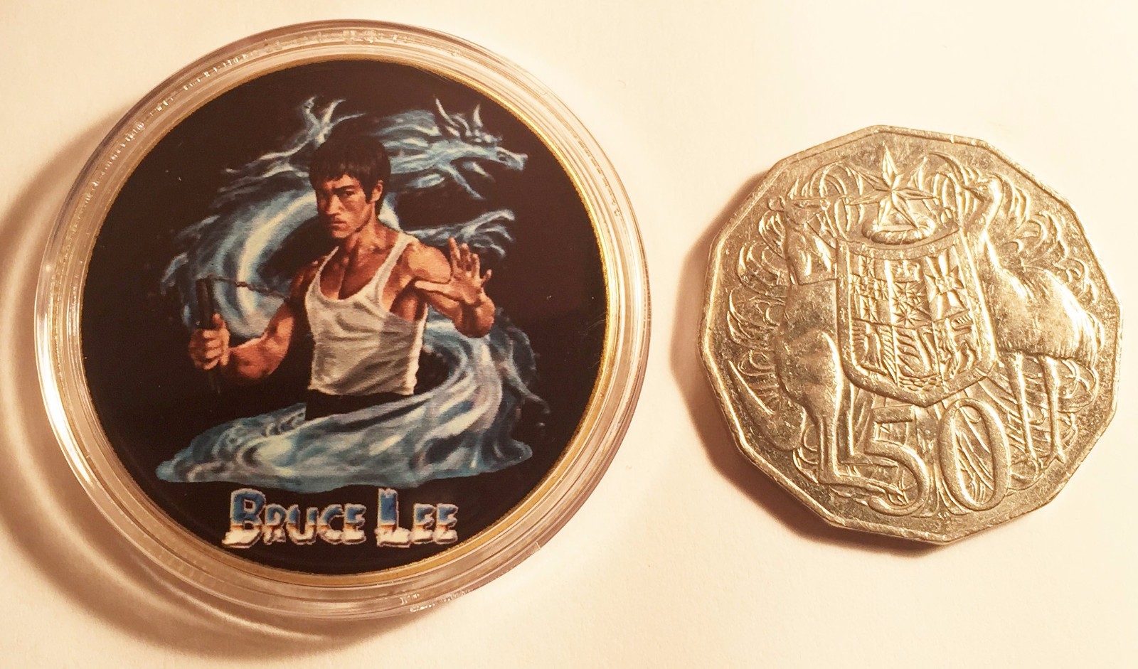 "Bruce Lee" Colour Printed 999 24k Gold plated coin/token, Martial Arts ...