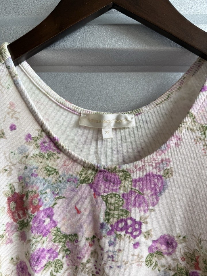 LoveShackFancy Lisa Floral Pink Purple Midi Ribbed Stretch Long Sleeve ...