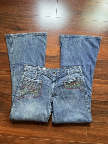 60s/70s Landlubber Sunfaded Hand Embroidered Hip Hugger Low Rise Flare Jeans S | eBay