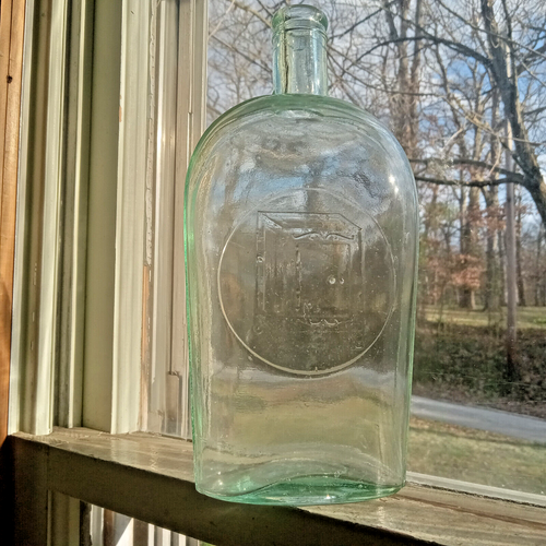 1880s QUART STRAP SIDE WHISKEY FLASK W/EMB SAFE IN SLUG PLATE McKEARIN ...