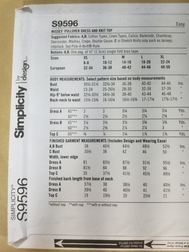 SIMPLICITY 9596 MISSES LOOSE FIT PULLOVER DRESS OR JUMPER PATTERN UNCUT ...