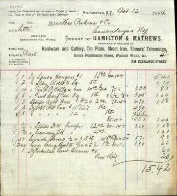 1894 Rochester New York (NY) Receipt Hamilton & Mathews Theo Perkins ...