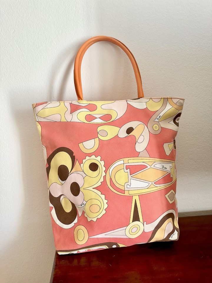 Emilio Pucci Tote Bag Pattern Canvas Geometric Print Orange Shapes ...