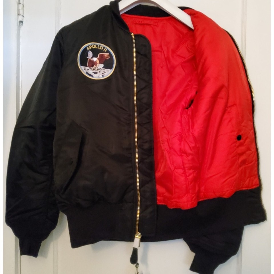 ALPHA INDUSTRIES MA-1 NASA APOLLO FLIGHT JACKET BLACK NYLON Reversible ...