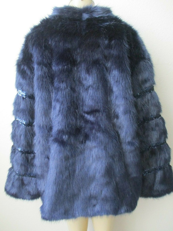 Joan Boyce Faux Fur Jacket Blue Sequin Size M Long Sleeve Hips Length ...