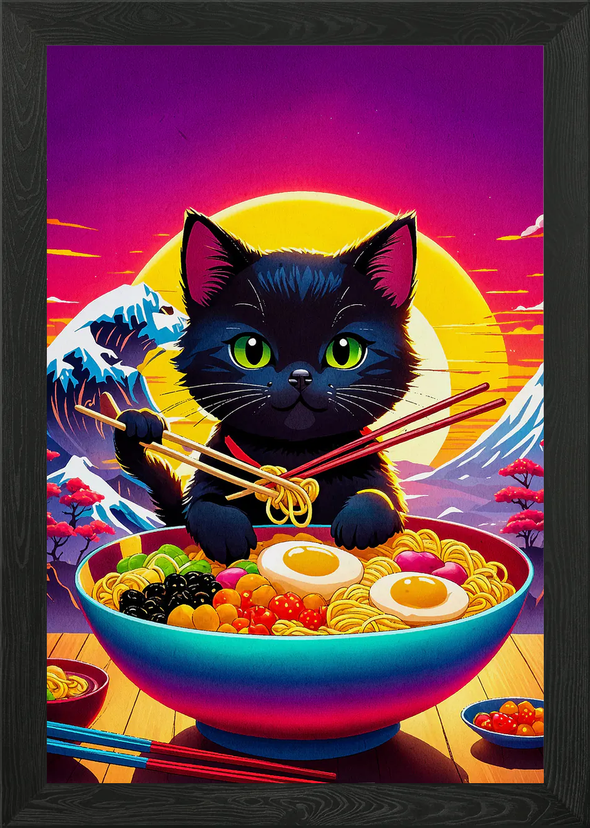 cat ramen japan Framed Wall Art Poster Canvas Print Picture | eBay