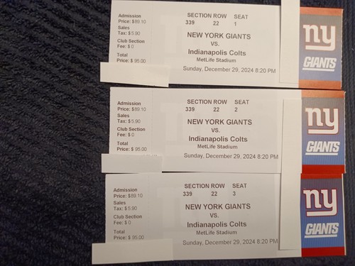 3) Tickets - New York Giants vs. Indianapolis Colts - Football 12/29/24 ...