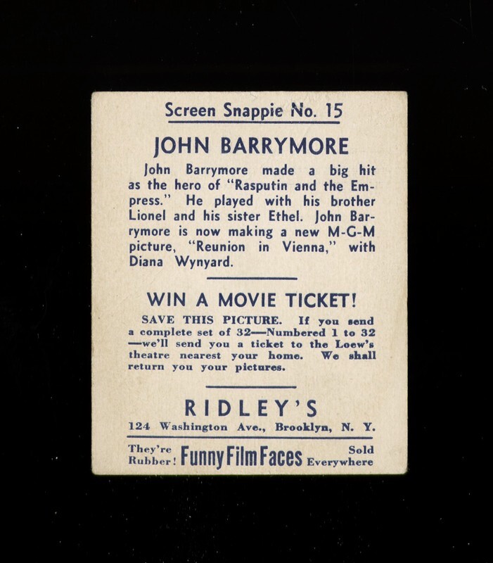 1933 R112 SCREEN SNAPPIE 15 JOHN BARRYMORE BROWN FRONT BLUE BACK ...