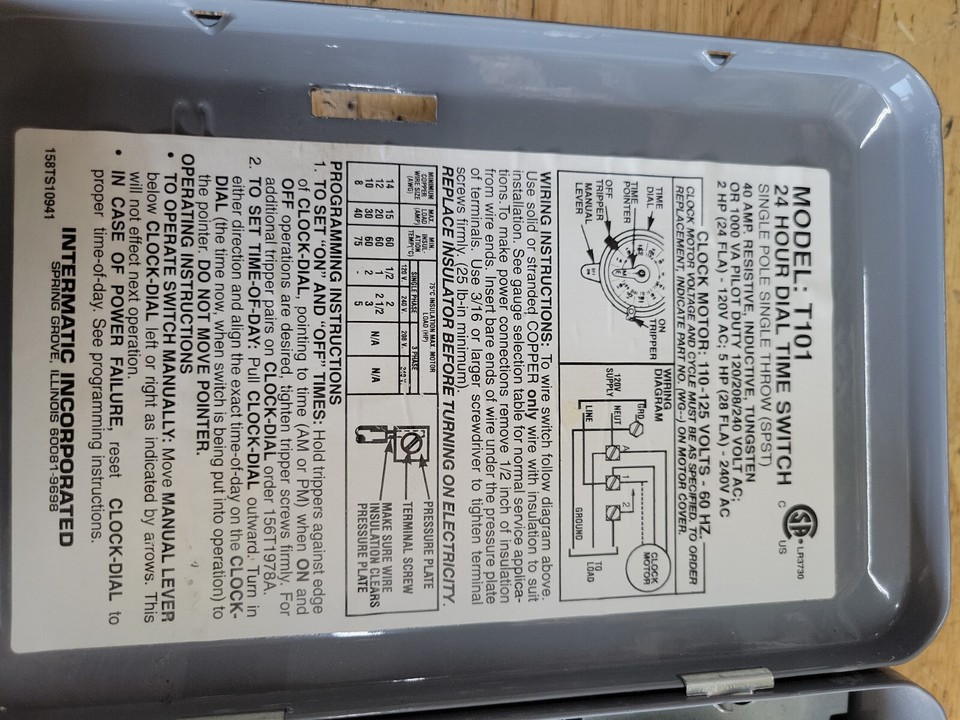 Intermatic T101 24 Hour Mechanical Timer Switch - 40 AMP 120V Pool ...
