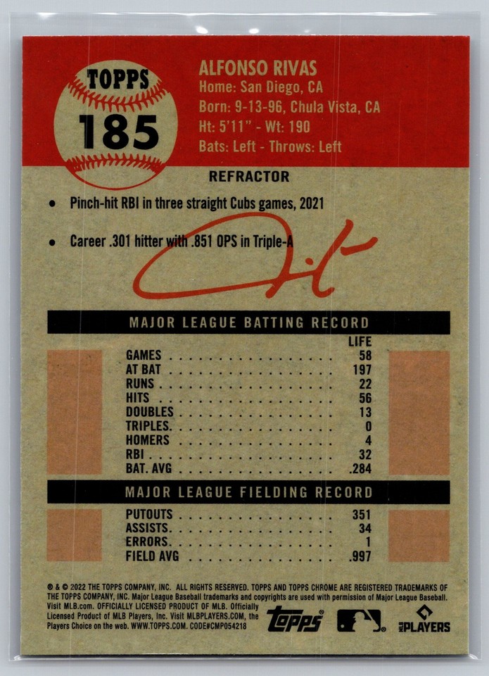 2022 Topps Chrome Platinum Alfonso Rivas Rookie Refractor #185 Chicago ...