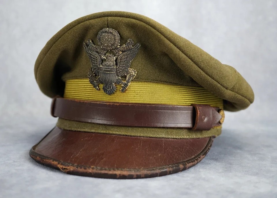 WWII US Army military uniform dress visor cap Officer hat named bullion ...