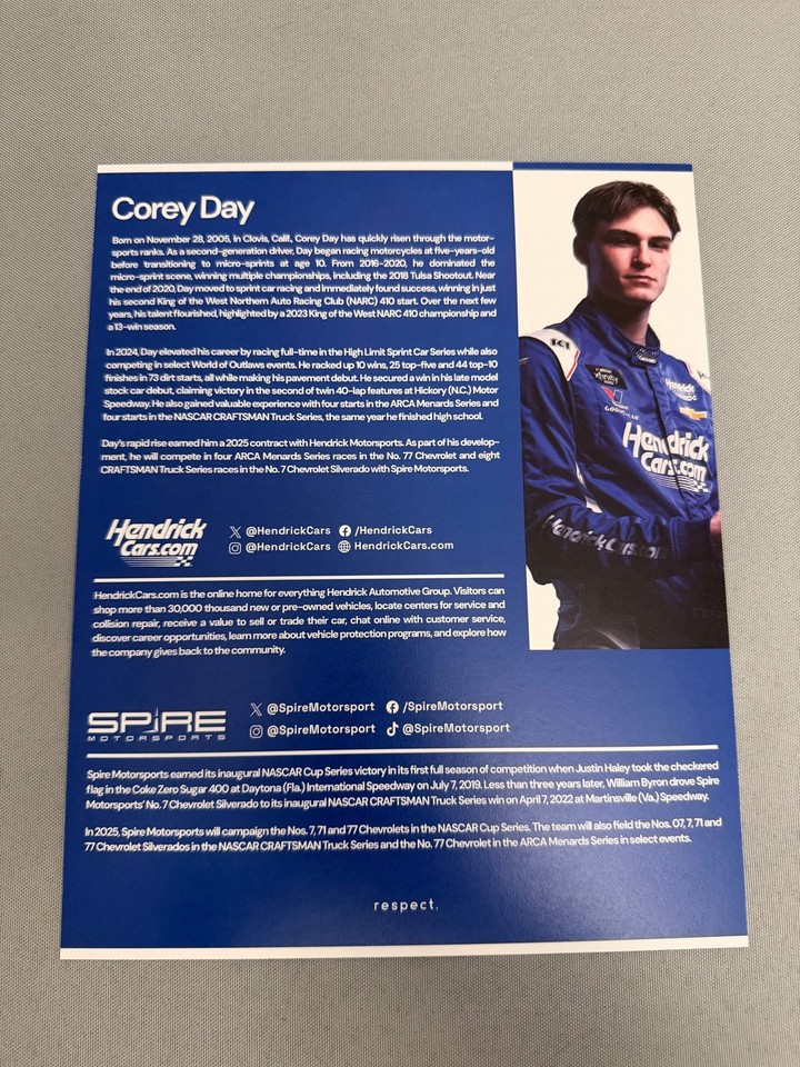 Corey Day #7 2025 Hendrick Cars Nascar Hero Card | eBay