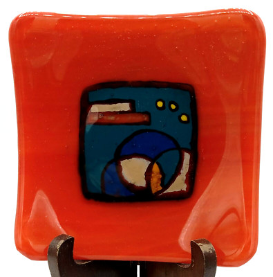 MCM Fused Slumped Glass Trinket Dish Plate Orange with Color Glass Art ...