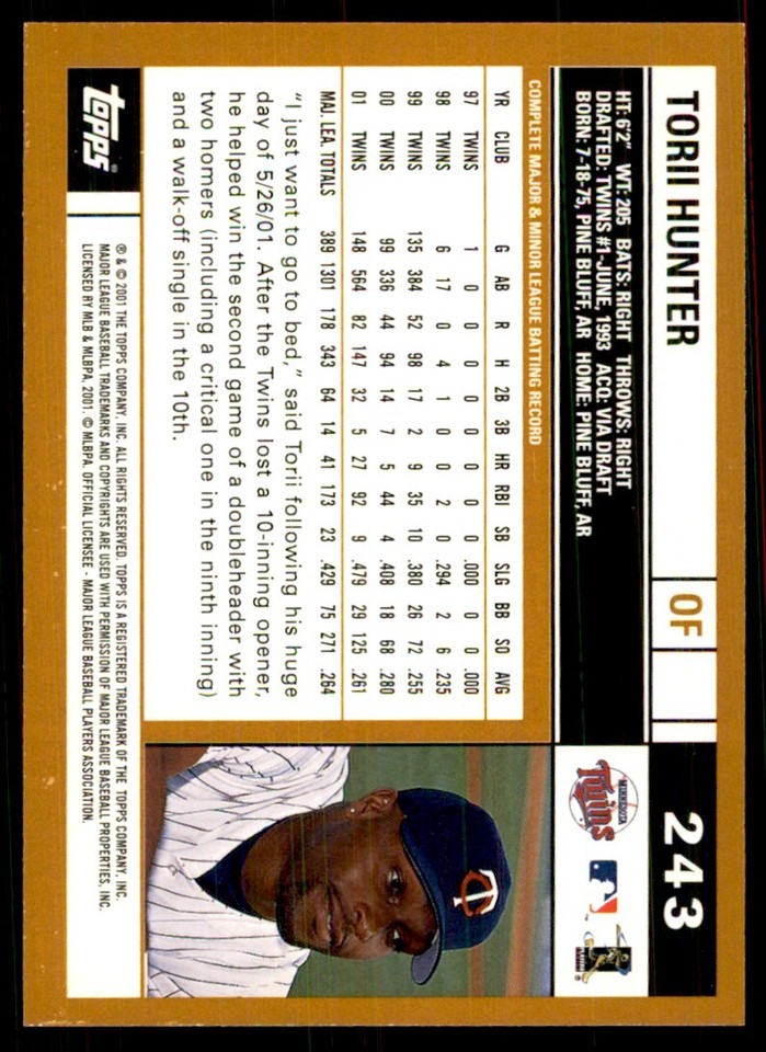 2002 Topps Torii Hunter Baseball Cards #243 | eBay