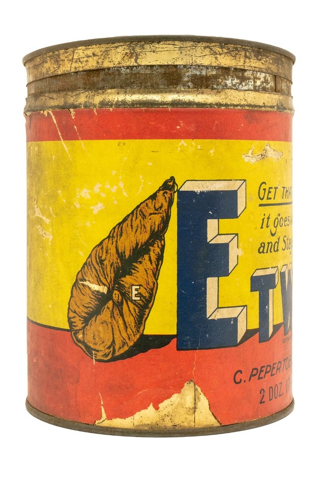 Scarce 1920s "E Twist" keyed paper label 1 3/4 lbs tobacco tin in fair ...