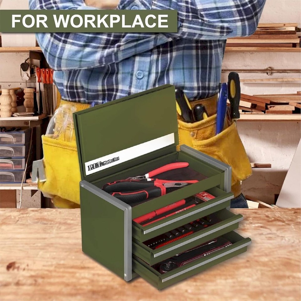 P.I.T. 3-Drawer Mini Tool Box Army Green–Steel Chest w/ Liner ...