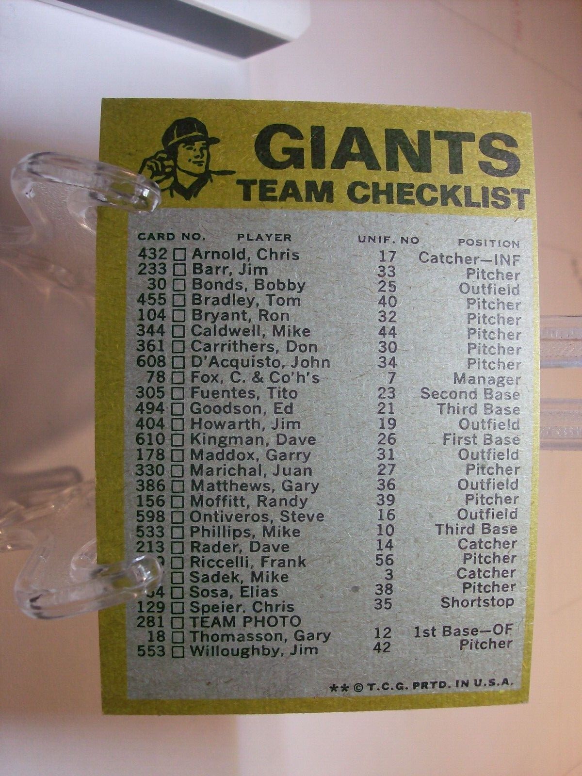 1974 Topps Team Checklists Two Asterisk (**) San Francisco Giants ...