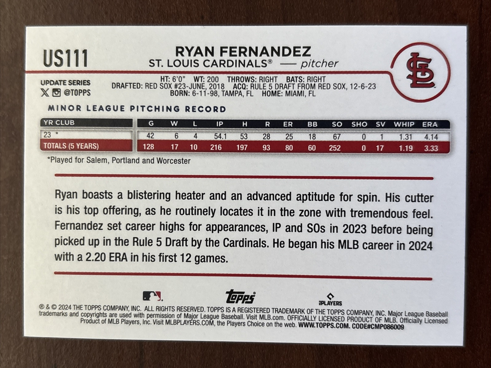 Ryan Fernandez St. Louis Cardinals 2024 Topps Update Rookie Card US111 ...