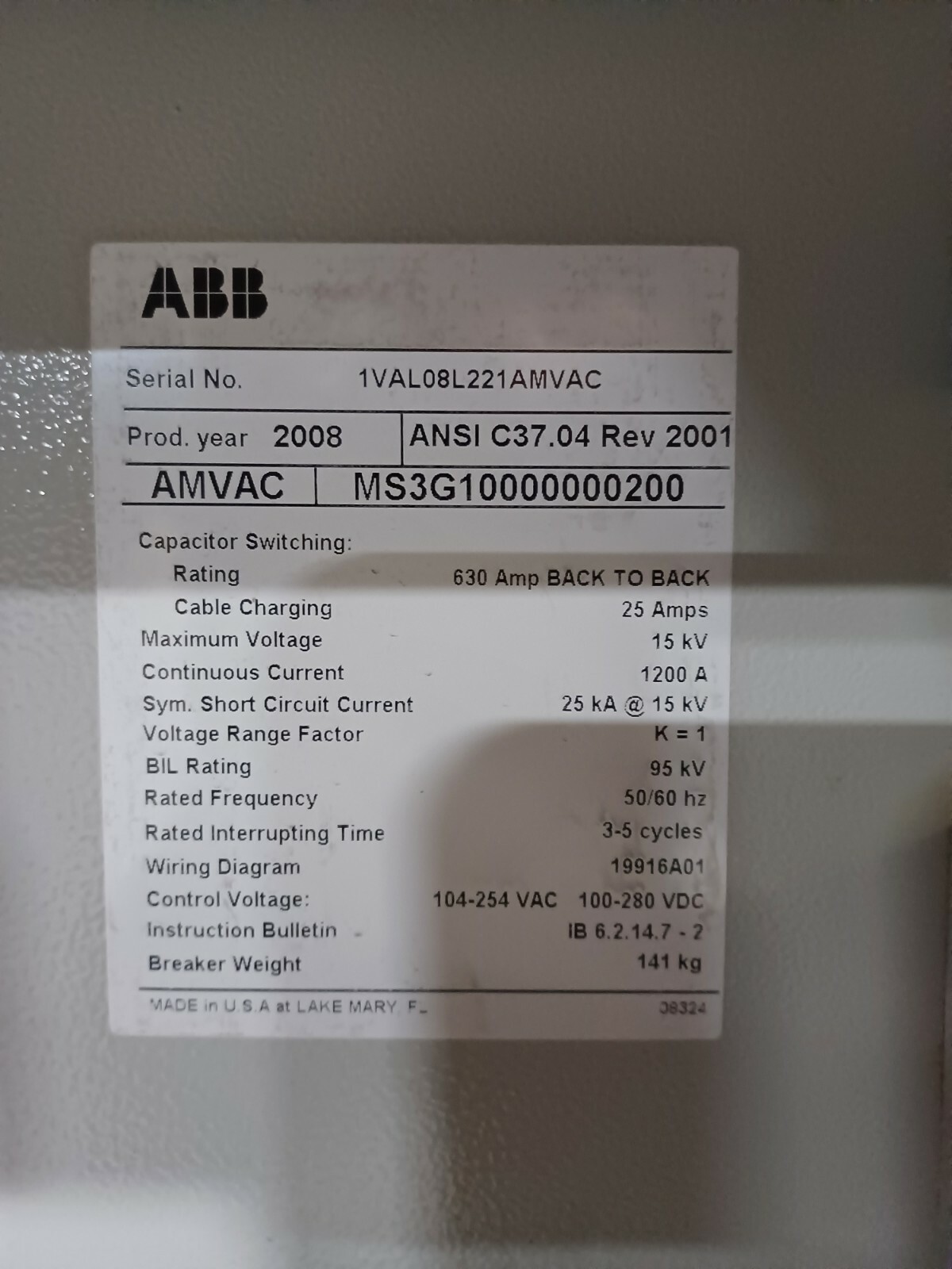 ABB AMVAC Vacuum Circuit Breaker 1200A 15kV MS3G10000000200 104-254VAC ...